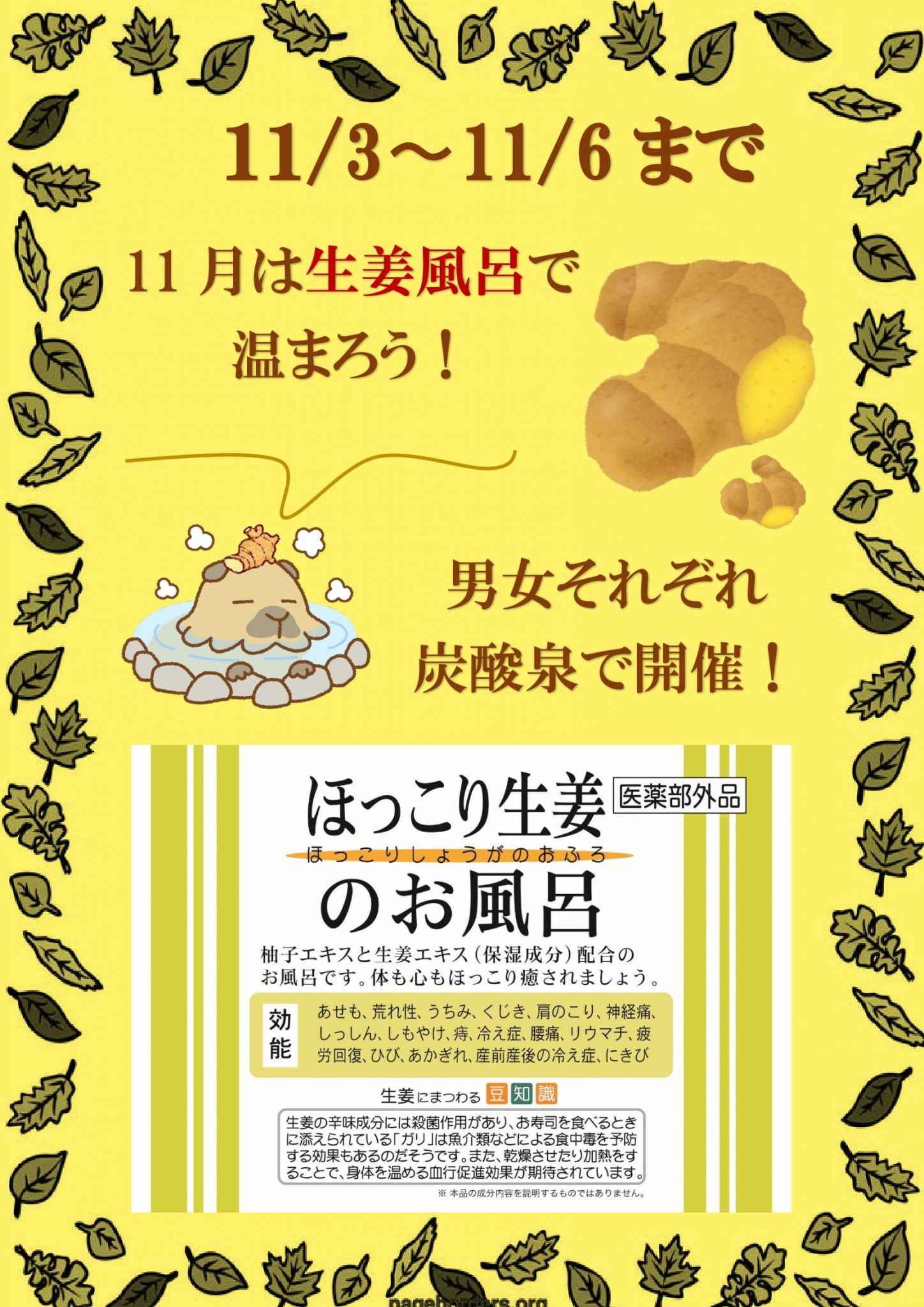 113祝~116木 イベントかわり湯「ほっこり生姜のお風呂」を開催します｜新着情報｜宮の街道温泉 江戸遊